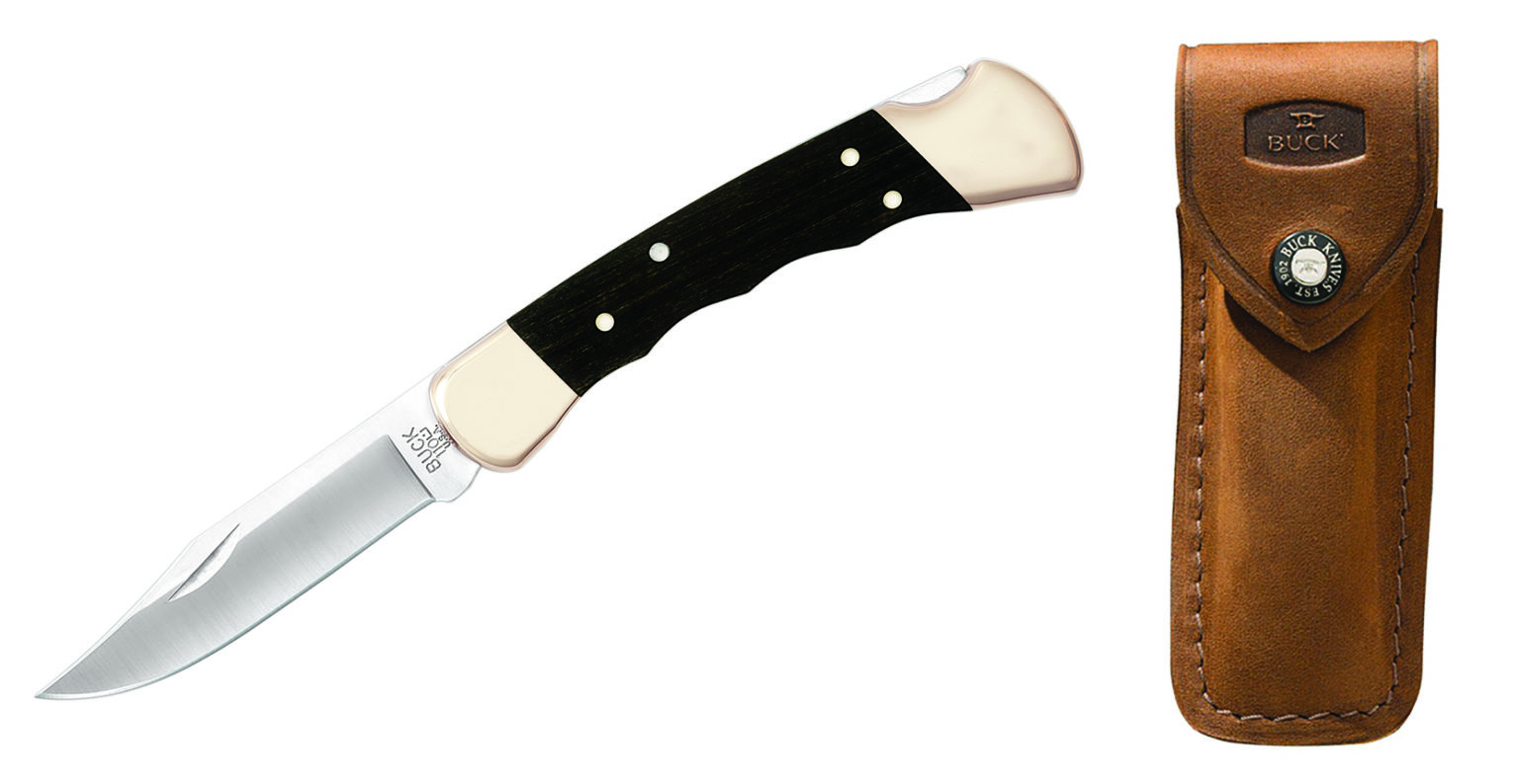 Buck Knives 110 Finger Groove Genuine Ebony Wood Folding Hunter W/ Upgraded Suede Leather Sheath ...